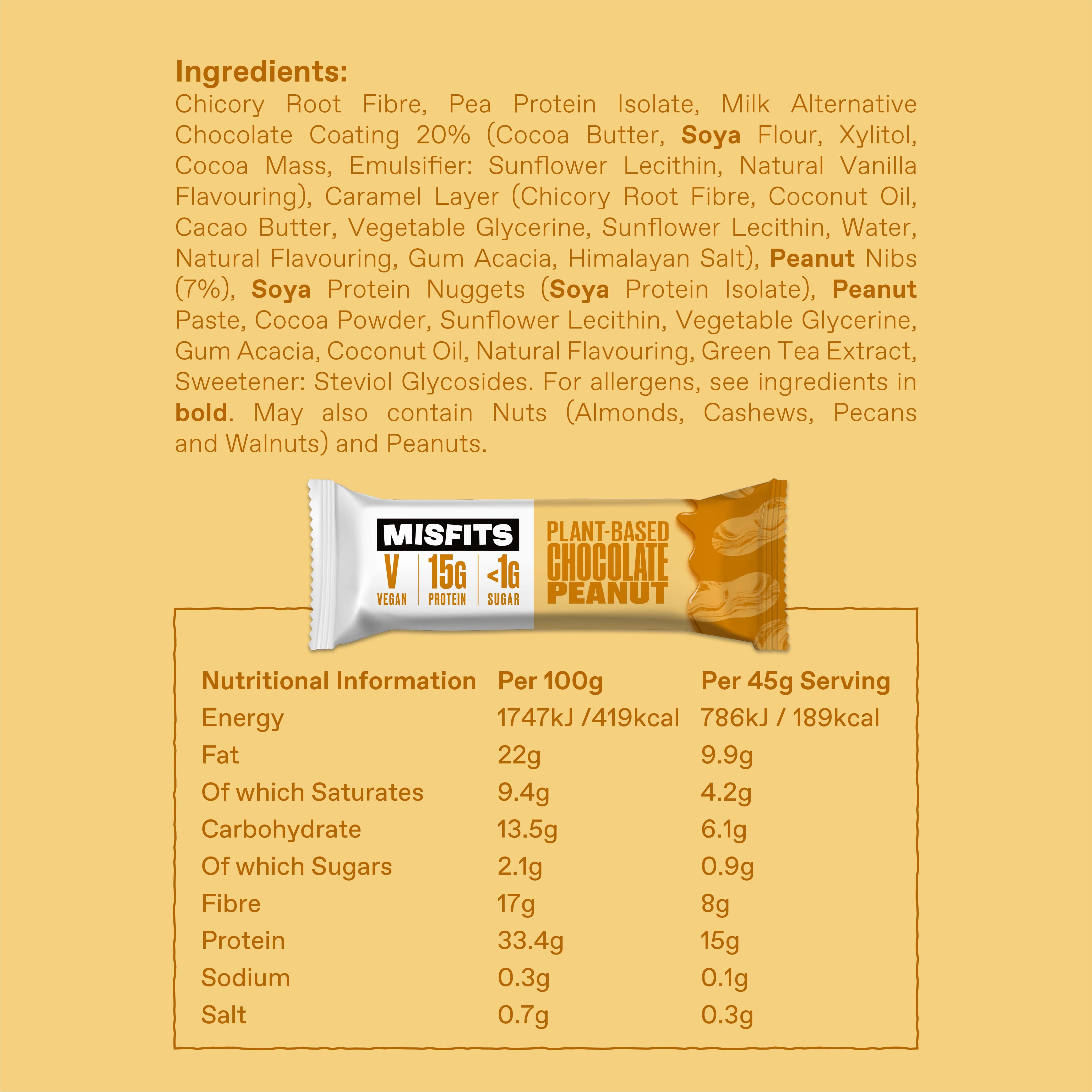 Misfits Plant-Based Chocolate Peanut Protein Bar – Protein Parcel